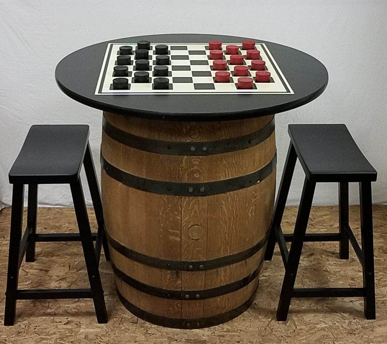 Whiskey Barrel c/36" Black Table Top-Checker Board-Checkers-2 Bar Stoo ...