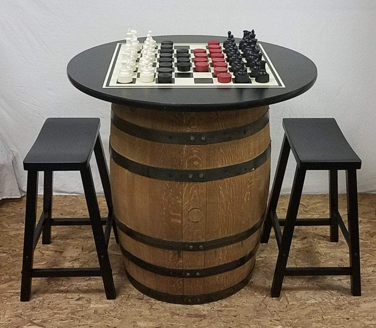Whiskey Barrel c/36" Checker Board Table Top-Checkers-Chess-(2) 24" Ba ...