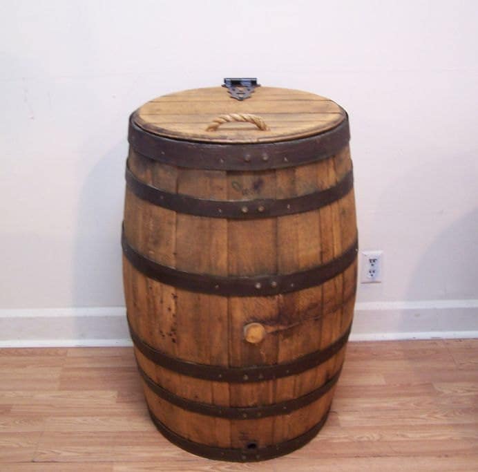 Whiskey Barrel Trash Can with Single Hinged Lid – Aunt Molly's Barrel ...